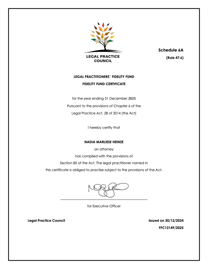Certificates - NM Heinze Attorneys Inc.